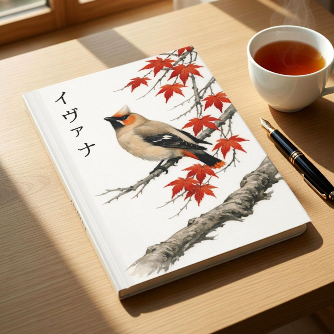Personalized Japanese Vintage Notebook, Custom Katakana Name, Waxwing ...