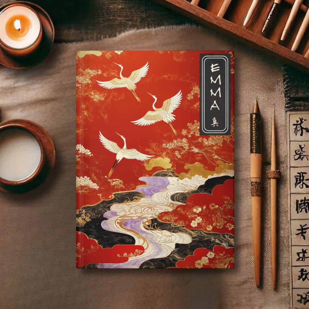 Personalized Vintage Japanese Style Red Notebook With Cranes, Custom ...