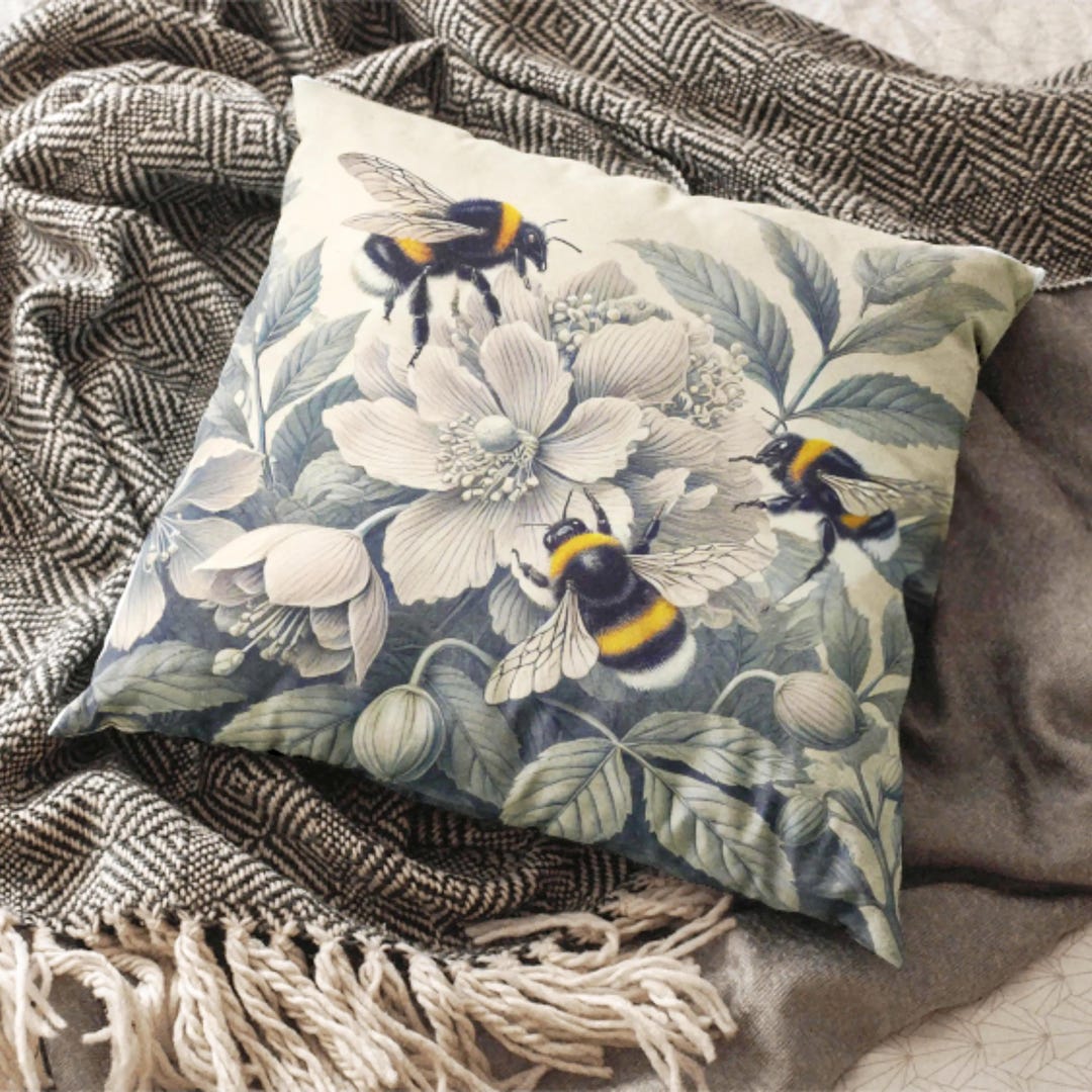 Bee Cushion Pillow With Vintage Botanical Bumblebee Illustration, Home ...