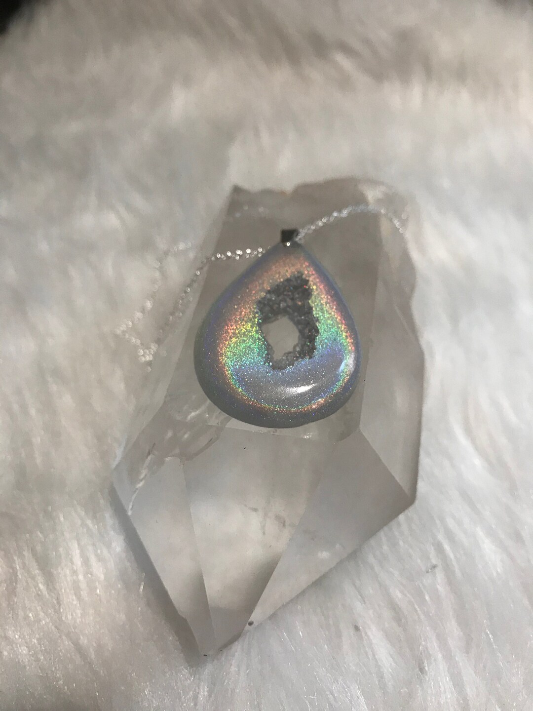 Holographic Geode Pendant: Iridescent Resin Druzy, Boho Statement ...