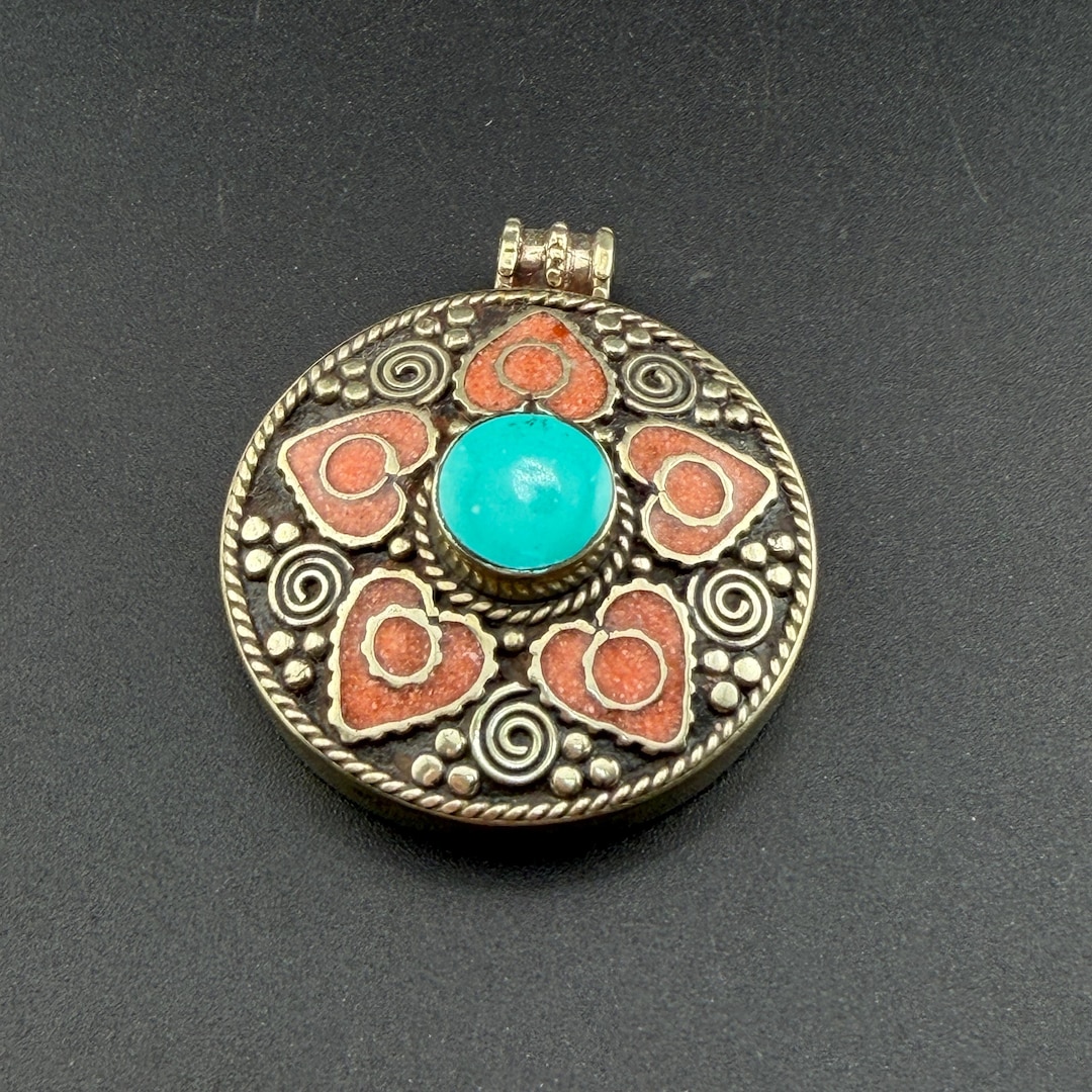 Ethnic Vintage Type Tibetan Turquoise and Coral Pendant | Handcrafted ...
