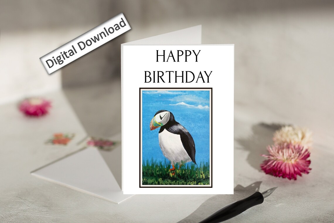 4 X 6, BIRTHDAY Card, Printable, Puffin Art, Watercolor Folk Art ...