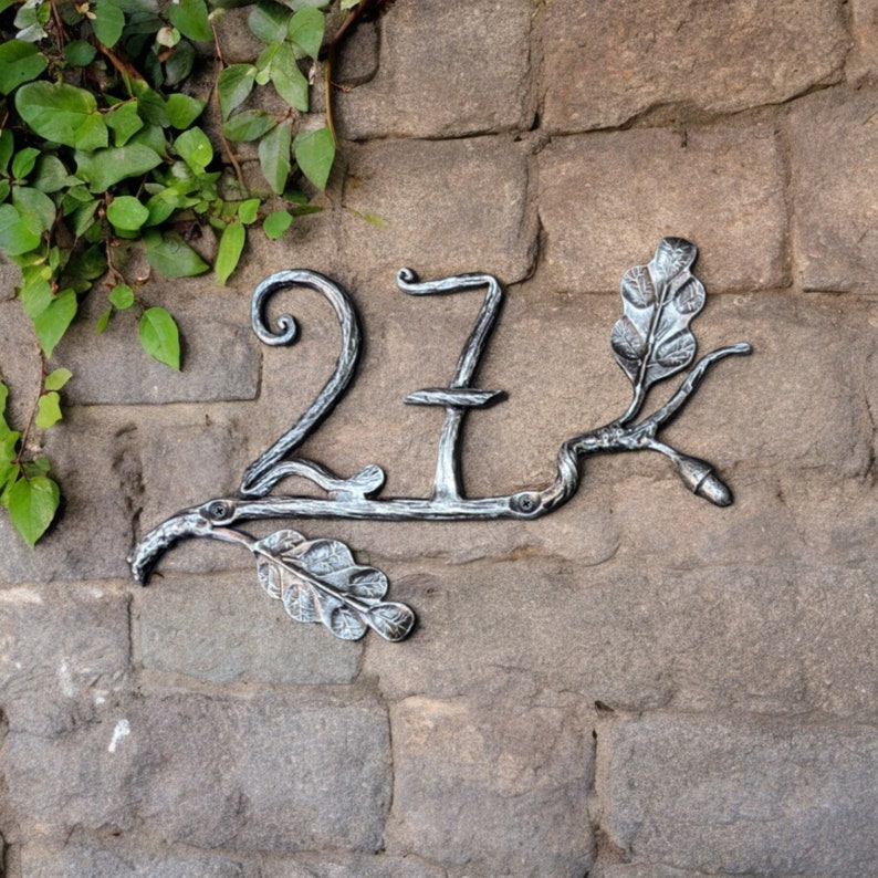 Personalized Wrought Iron House Number Sign: Rustic Oak & Acorn Address ...