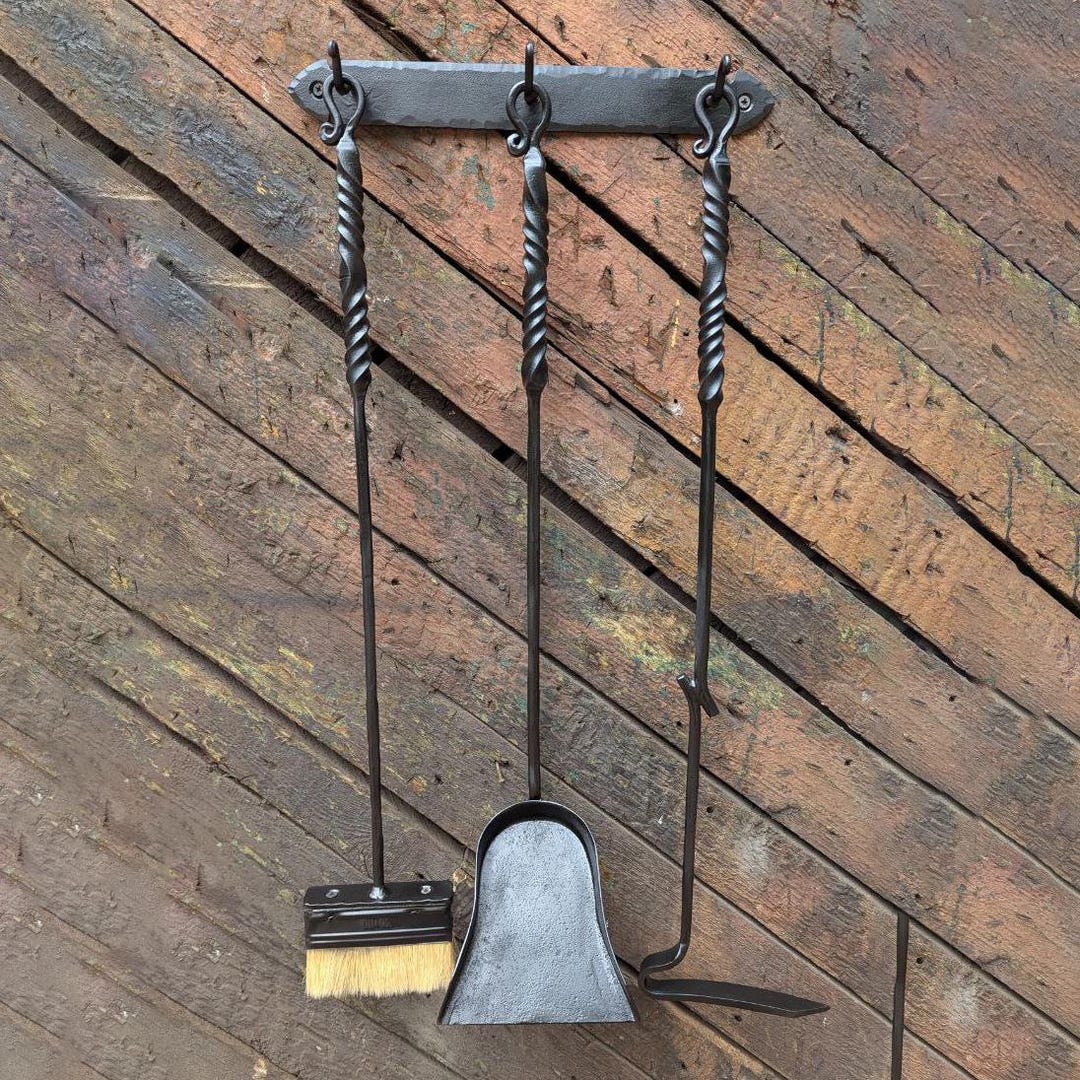 Hand-forged Fireplace Tool Set: Twisted Iron Handles, Rustic Black ...