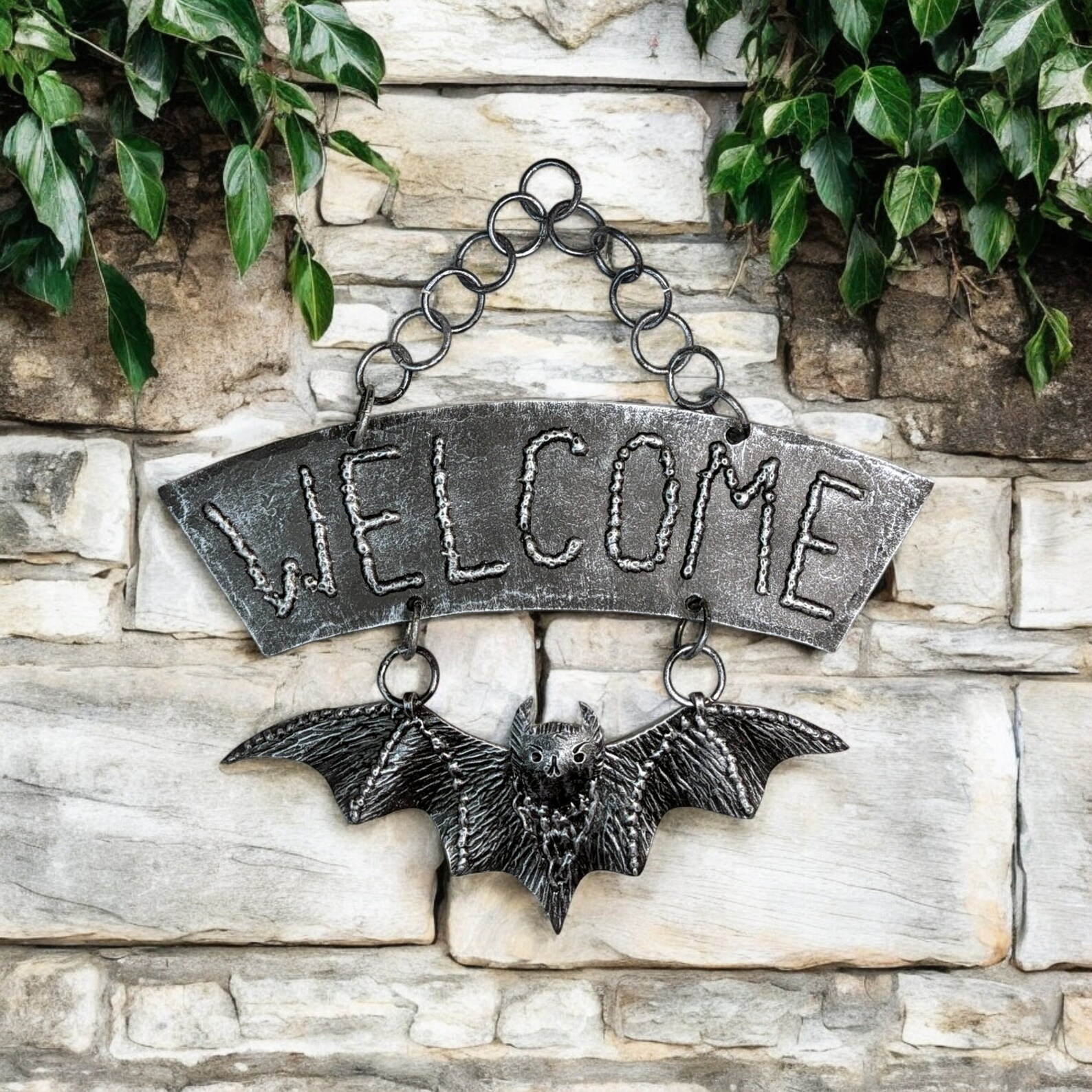 Hand-forged Welcome Sign With Bat: Gothic Halloween Porch Decor - Etsy