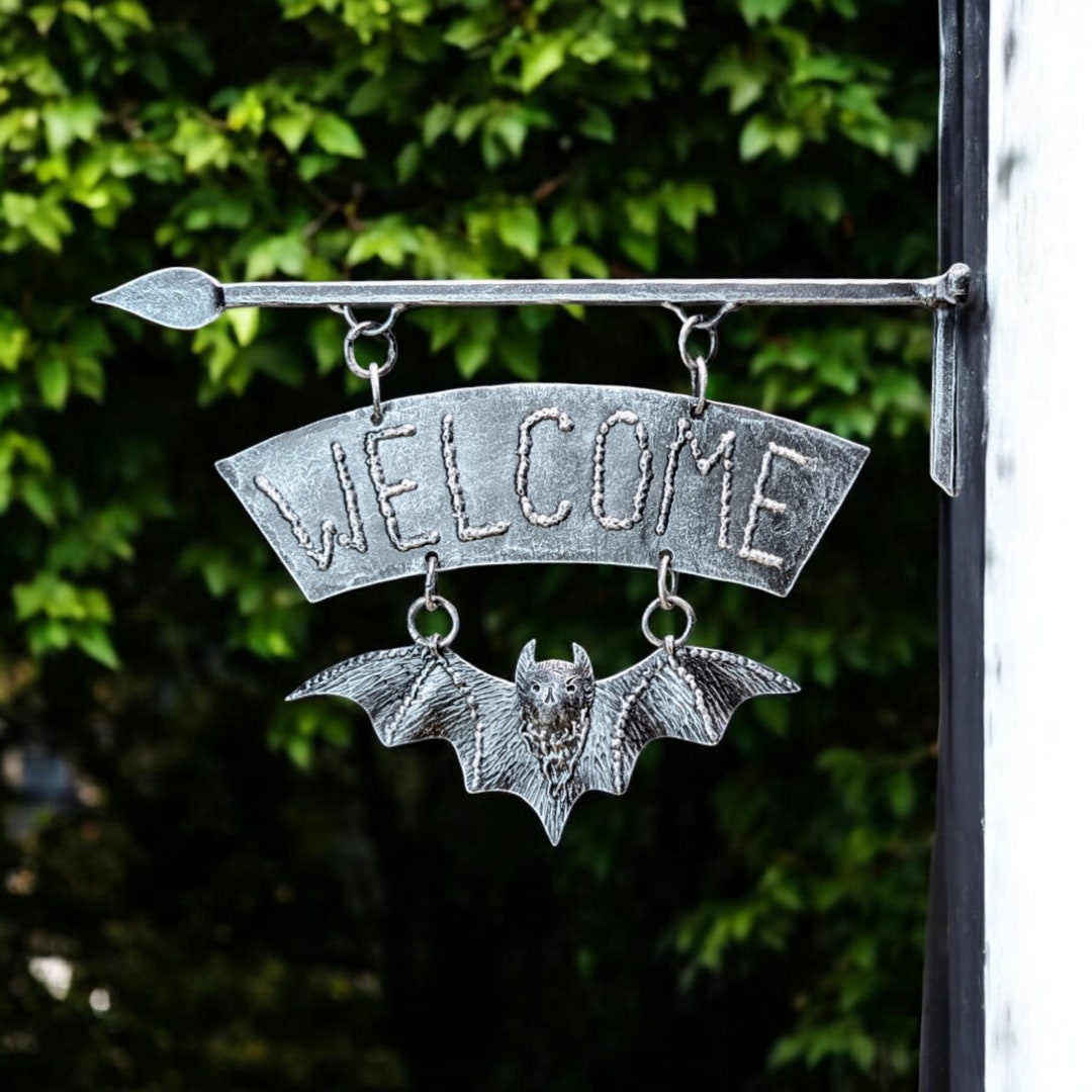Welcome Sign With Bat, Hanging Welcome Sign, Hand Forded Metal Outdoor ...