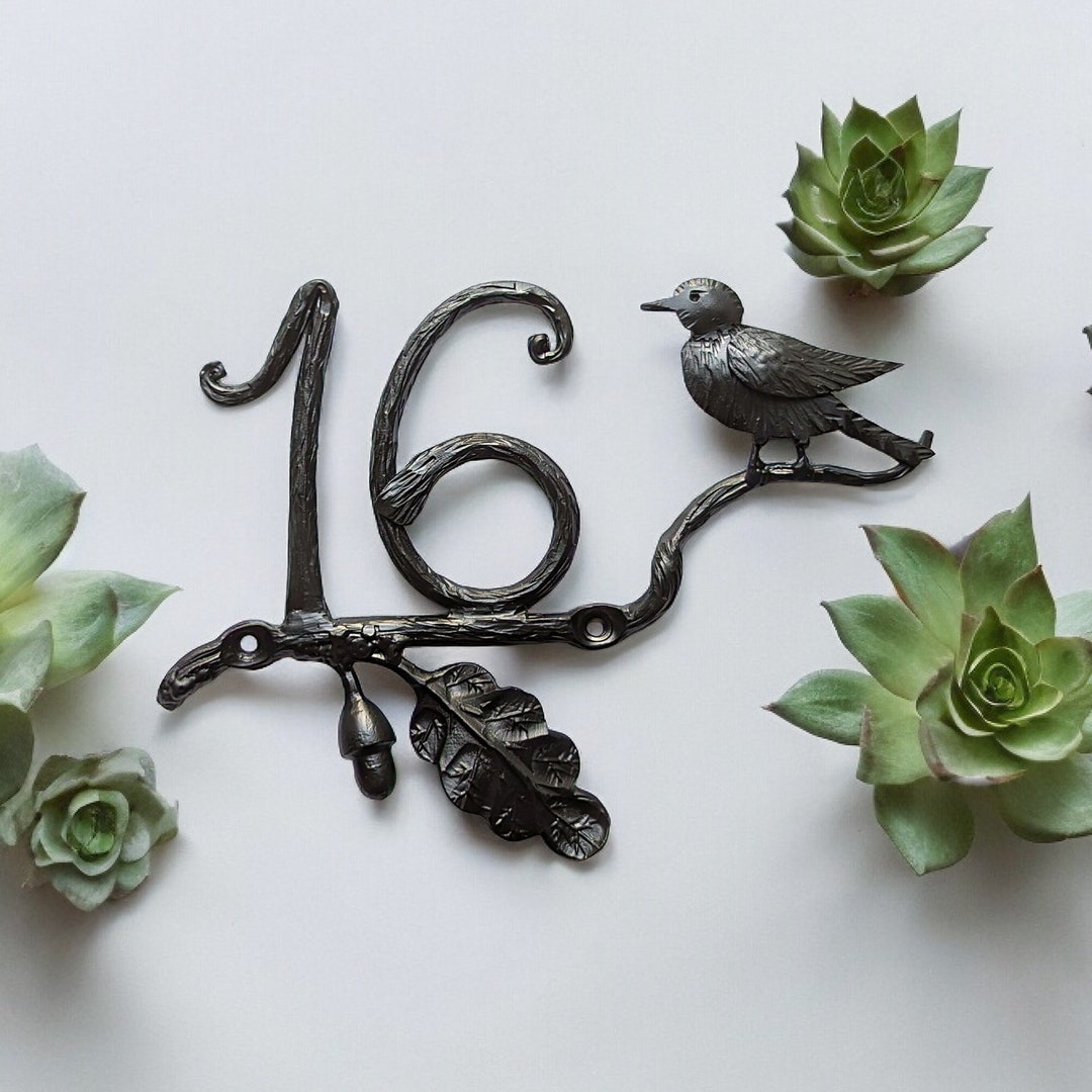 Custom Wrought Iron House Number Plaque: Bird & Oak Leaf Decor - Etsy