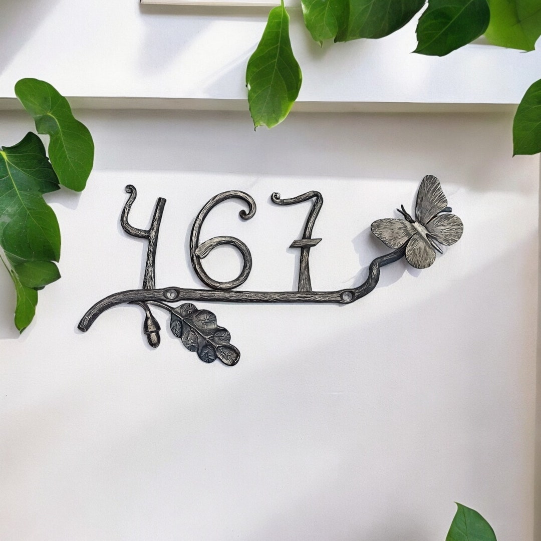 Wrought Iron House Number Plaque: Oak Branch, Butterfly, Custom Address ...