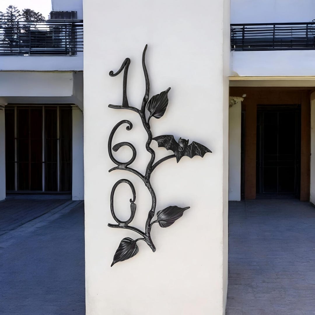Gothic House Number Sign: Forged Iron Bat & Leaves Address Plaque - Etsy