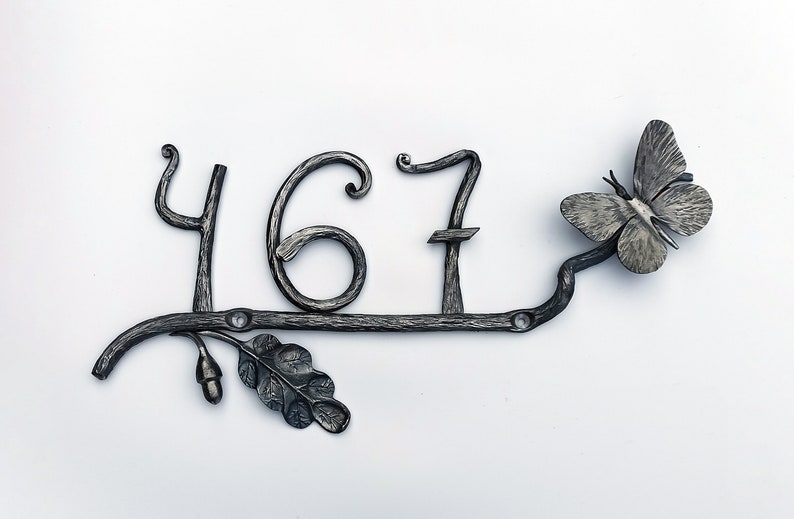 Wrought Iron House Number Plaque: Oak Branch, Butterfly, Custom Address ...