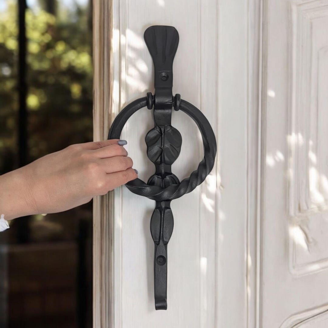 Hand-forged Door Knocker With Leaf Detail - Twisted Ring Handle - Etsy