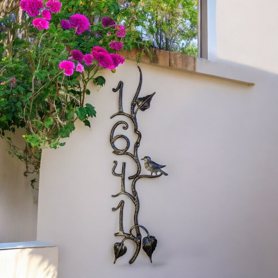 Wrought Iron Vertical Address Sign: Tropical Bird & Leaf House Number ...