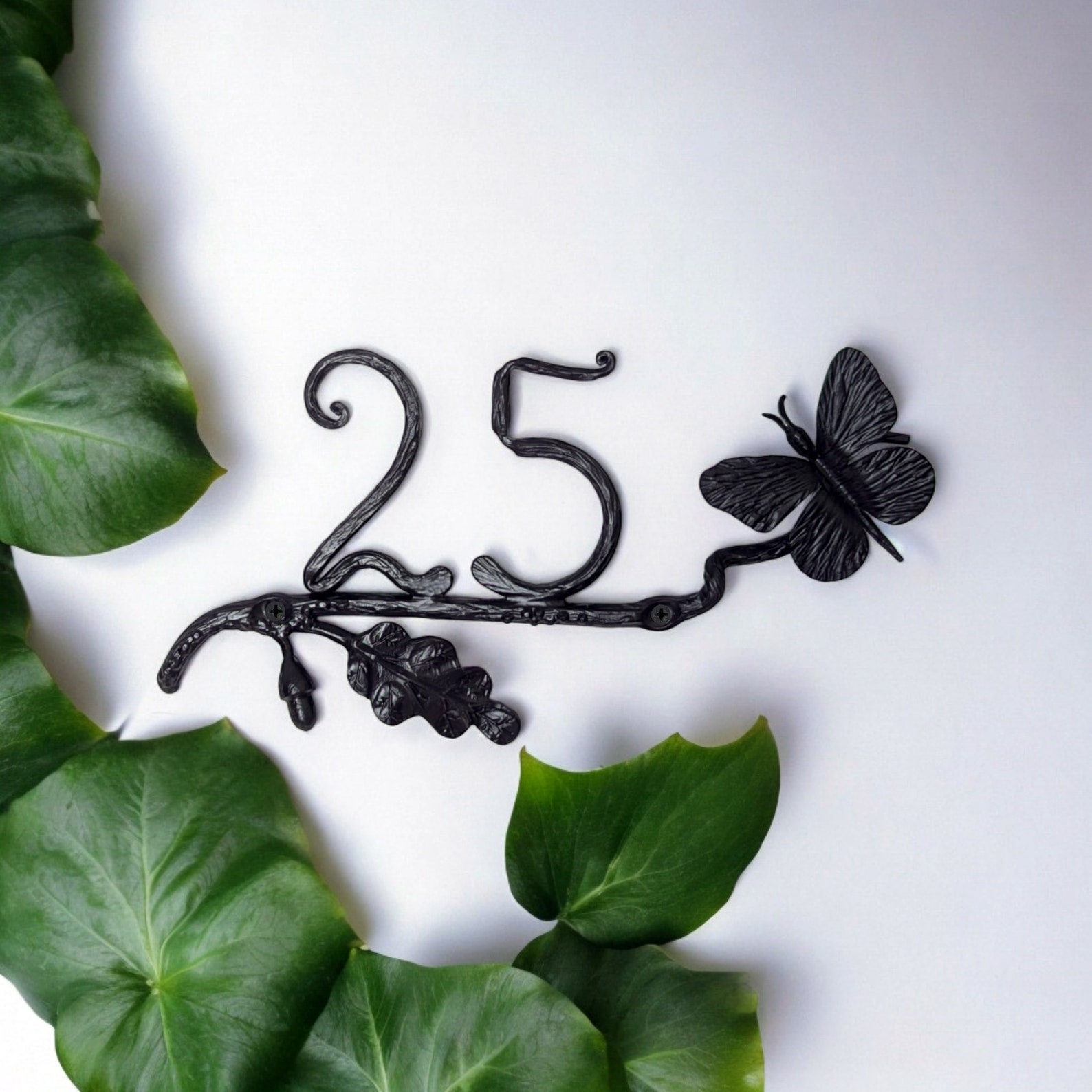 Wrought Iron House Number Plaque: Oak Branch, Butterfly, Custom Address ...