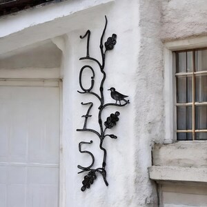 Wrought Iron Address Sign: Bird & Oak Leaf, Vertical House Number - Etsy