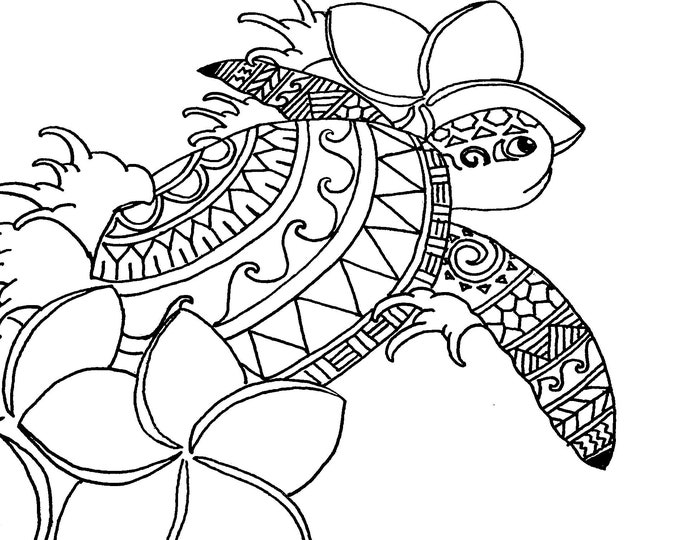 Sea Turtle and Hibiscus Flowers Coloring Page Instant Download Print ...