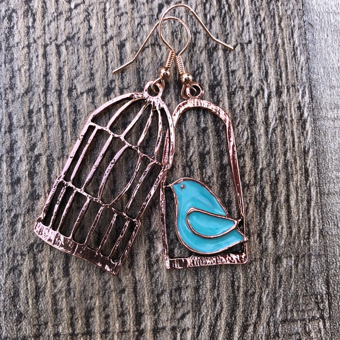 Copper Tone Asymmetrical Mismatched Bird and Bird Cage Earrings - Etsy