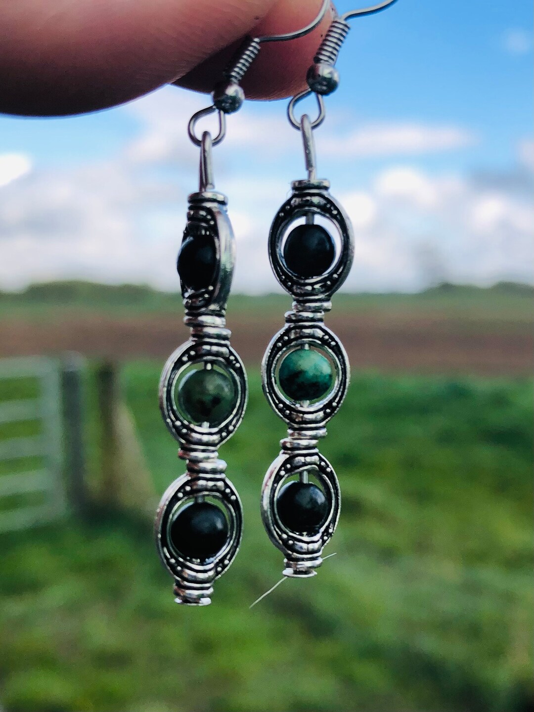Blood Stone and African Turquoise jasper Silver Tone Framed Earrings - Etsy