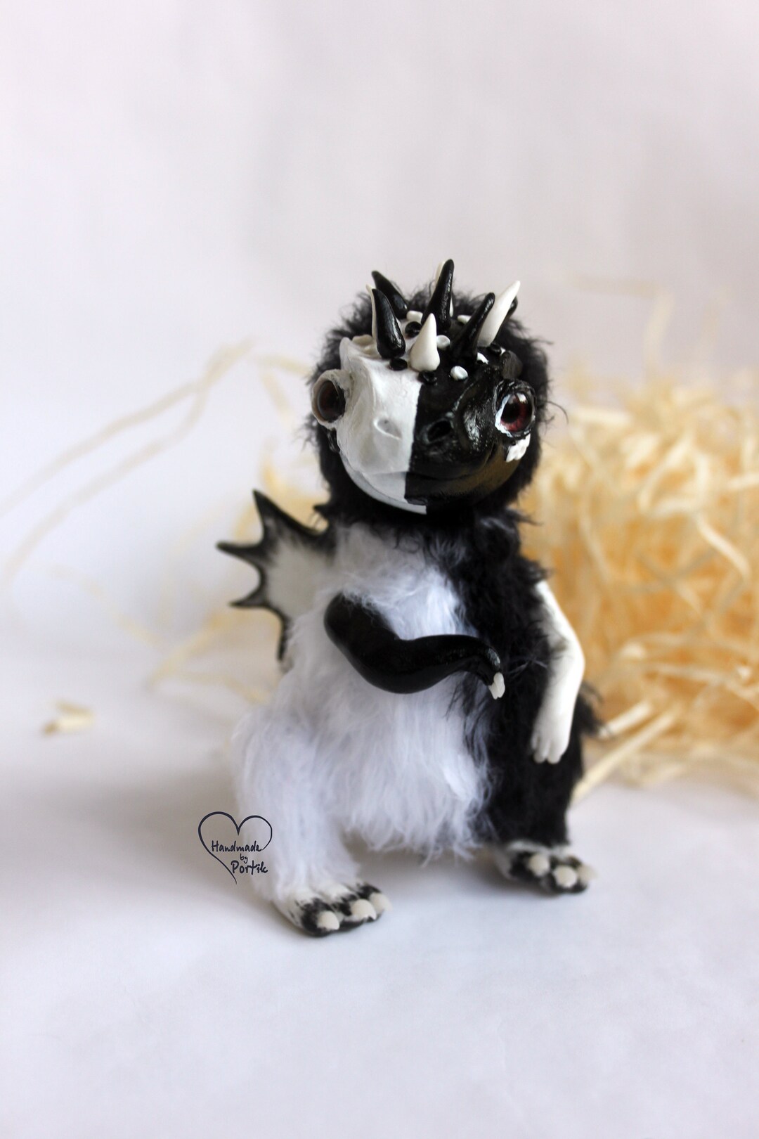 Horned Black White Dragon Toy OOAK Doll Cute Baby Dragon Fluffy Small ...