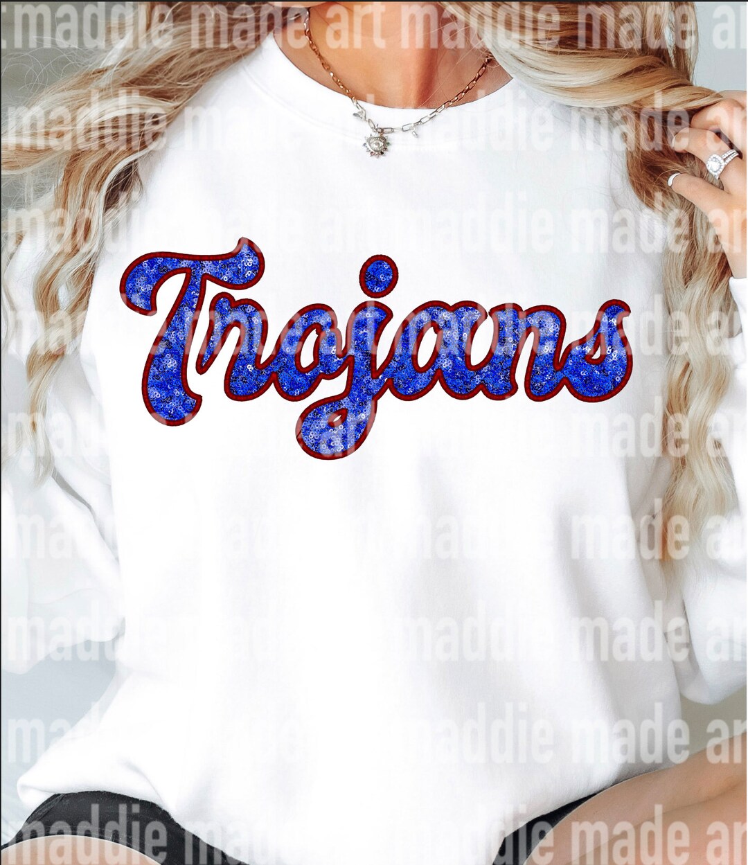 Sequins Trojan Red and Blue Faux Embroidered Edge Design School Spirit ...