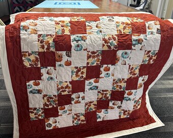 Fall Patchwork Throw or Lap Quilt With Give Thanks, Leaves, Pumpkin and ...