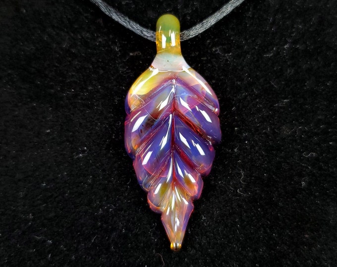Glass Leaf Pendant Hand Blown Sculpted Necklace (fumey Amber Purple ...