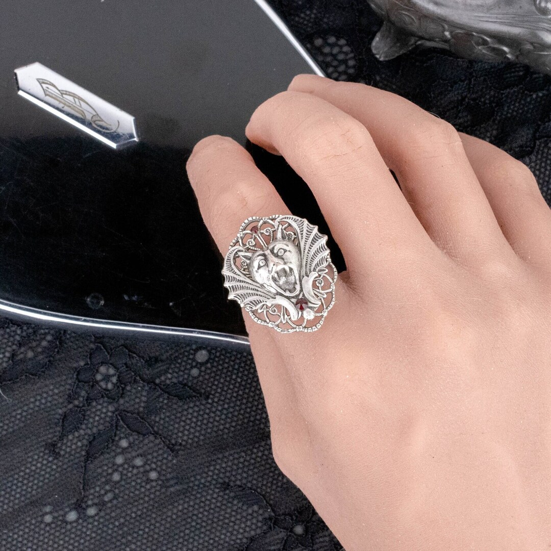 Silver Gargoyle Ring, Vampire Bat Ring, Adjustable Gothic Ring ...