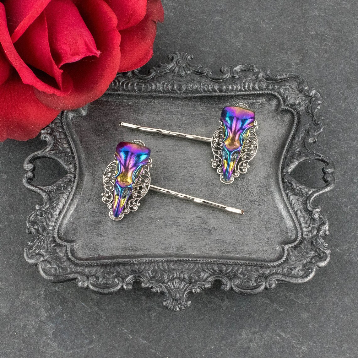 Rainbow Raven Skull Hair Pins Crow Head Bobby Pins Oil Slick | Etsy