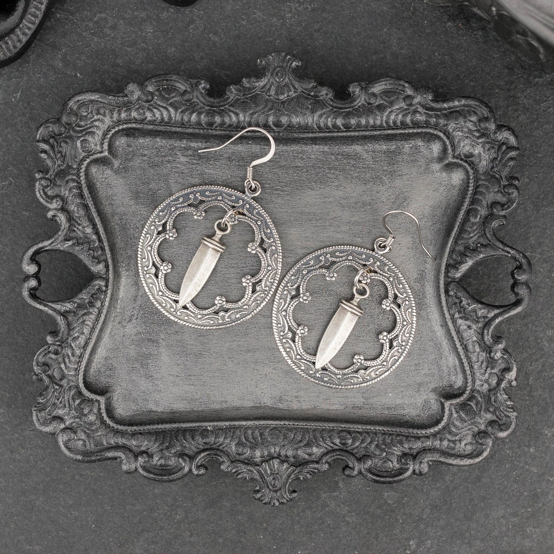 Antiqued Silver Dagger & Gothic Frame Earrings Large Round | Etsy