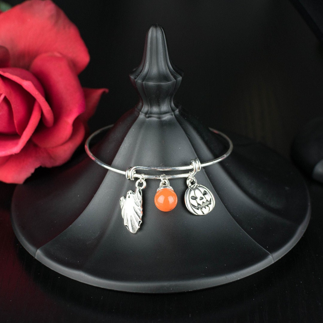 Halloween Charm Bracelet, Fall Pumpkin Jewelry, Spooky Ghost Bangle, Adjustable Silver Bangle ...