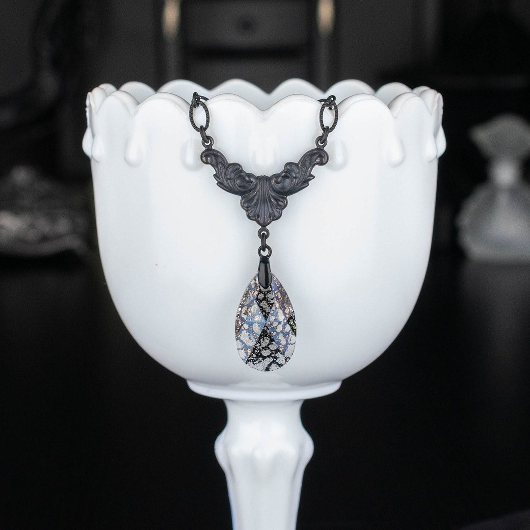 Crystal Teardrop Necklace, Victorian Mourning Pendant, Gothic Bridal ...
