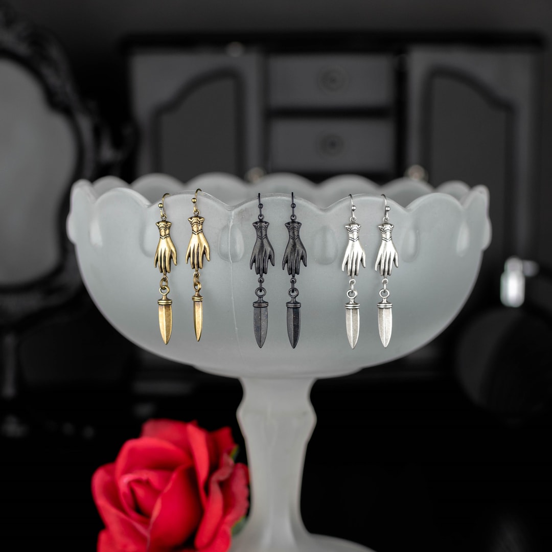 Victorian Hand & Dagger Drop Earrings in Black, Silver or Brass - Etsy