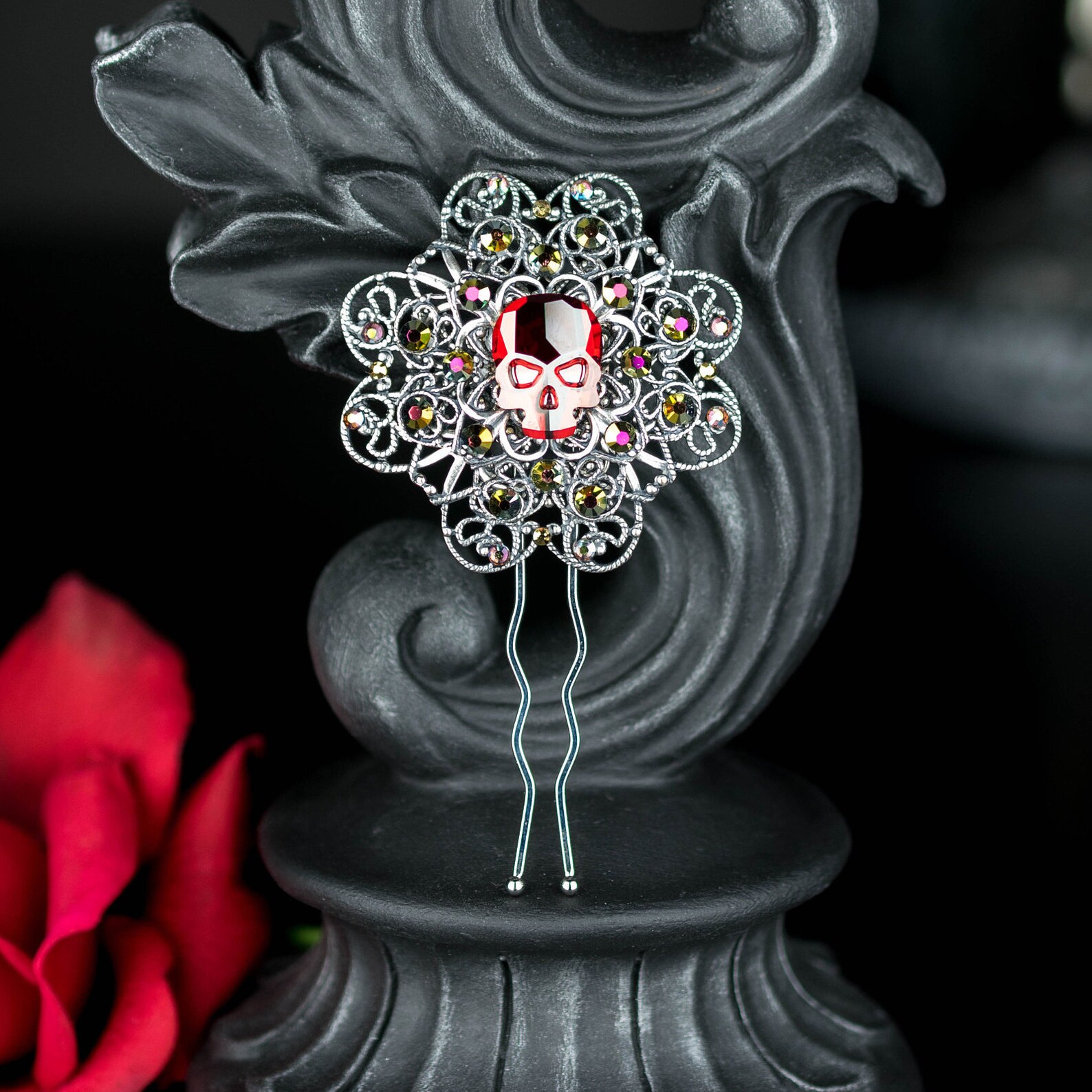 Crystal Skull Hair Pin Gothic Bride Red Wedding Jeweled - Etsy