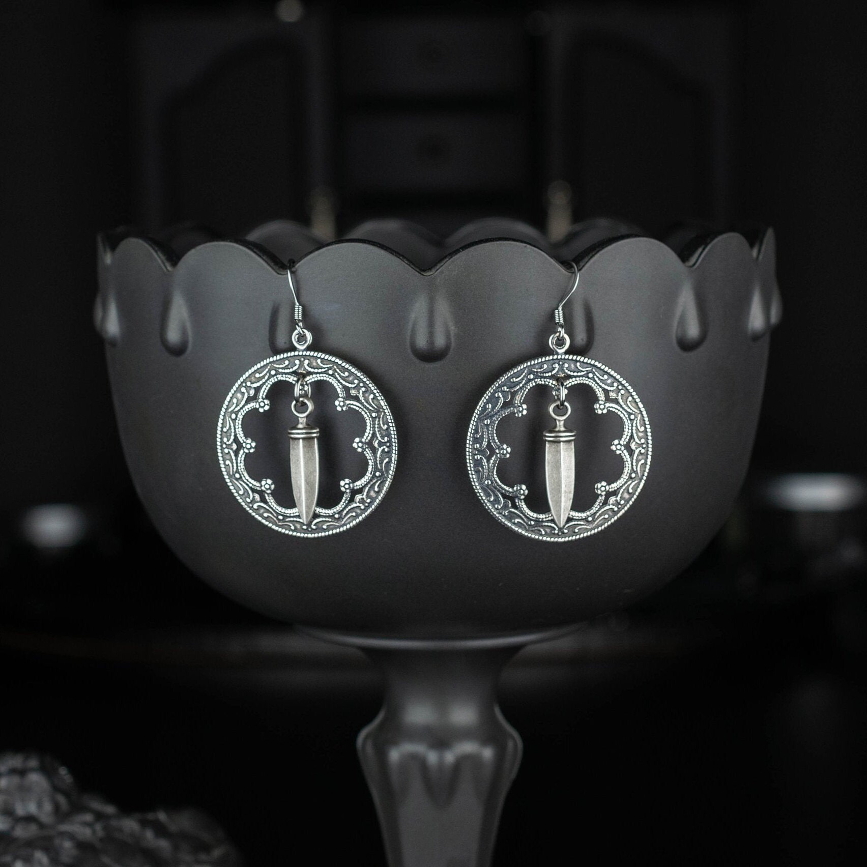 Antiqued Silver Dagger & Gothic Frame Earrings Large Round | Etsy