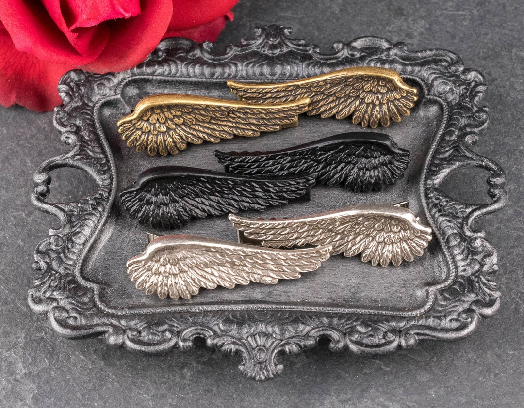 Black Brass Silver Wing Hair Pins, Feather Hair Slides, Fallen Angel ...