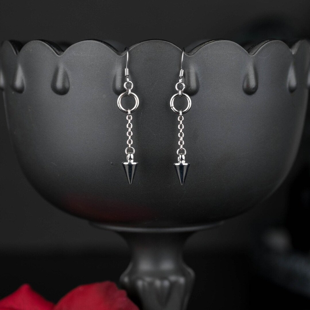 Silver Spike & Chain Dangle Earrings, Long Chain Earrings, Metal Spike ...