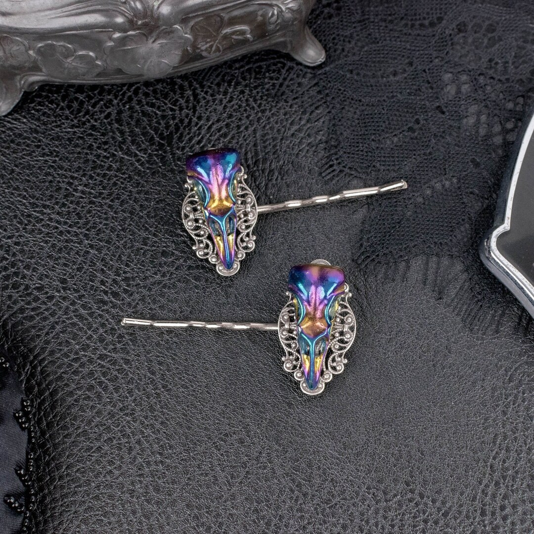 Rainbow Raven Skull Hair Pins, Crow Head Bobby Pins, Oil Slick ...