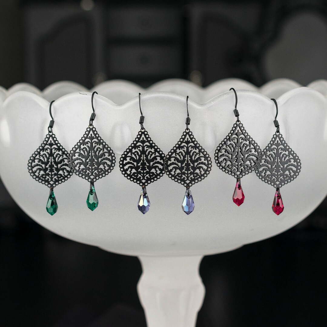 Black Filigree Earrings, Gothic Drop Earrings, Crystal Teardrop ...