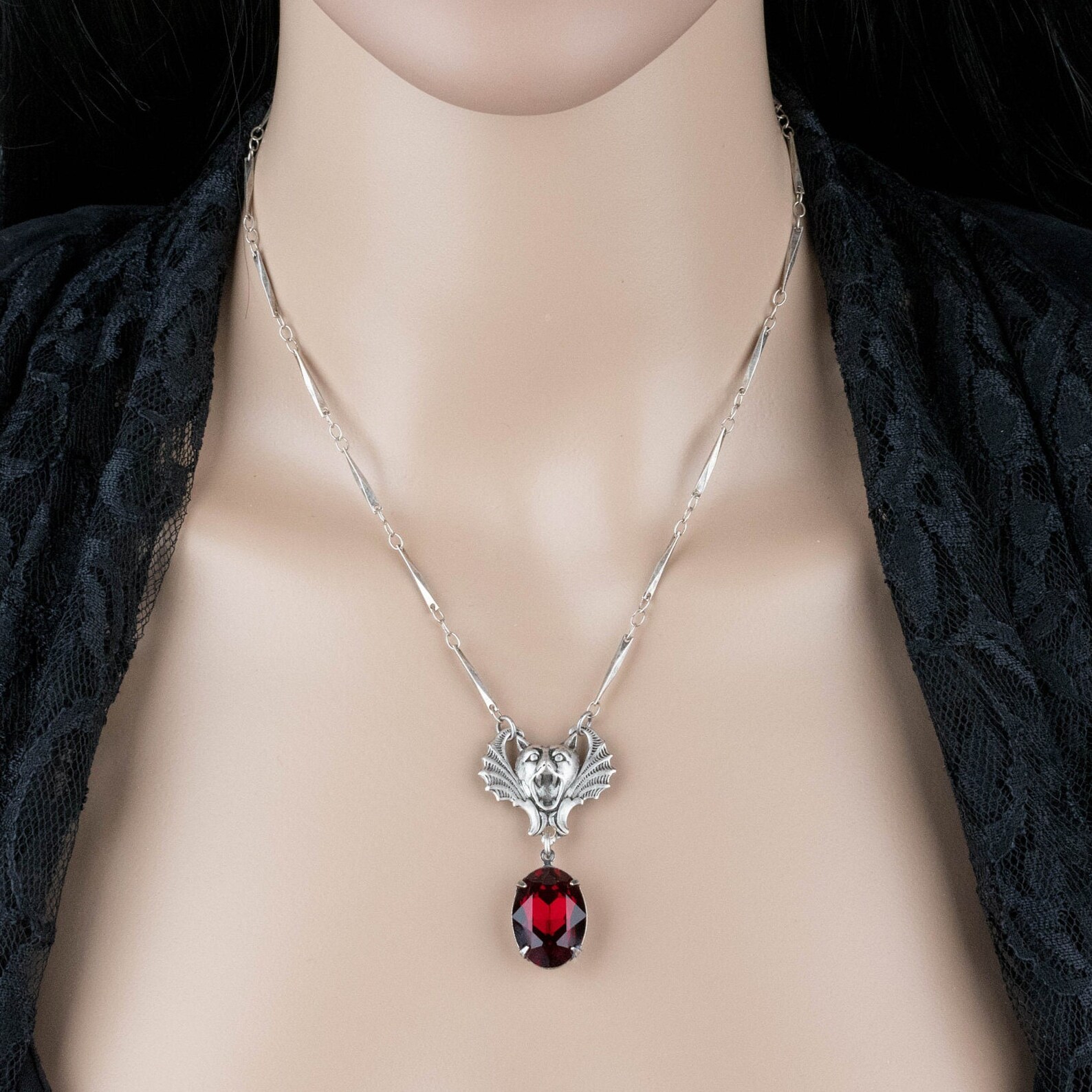 Silver Bat & Ruby Rhinestone Necklace Jeweled Vampire Bat - Etsy