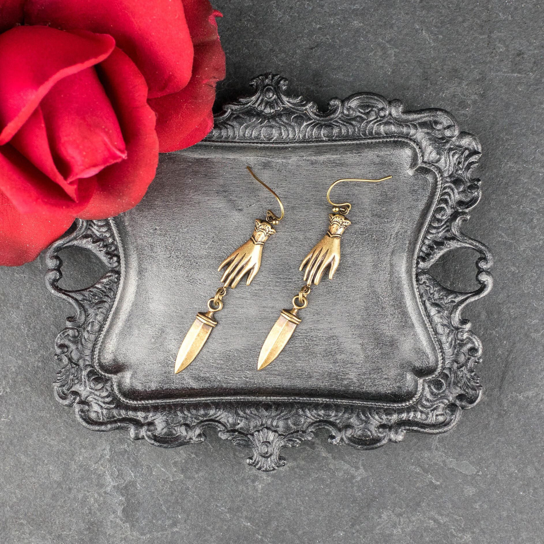 Victorian Hand & Dagger Drop Earrings in Black Silver or - Etsy