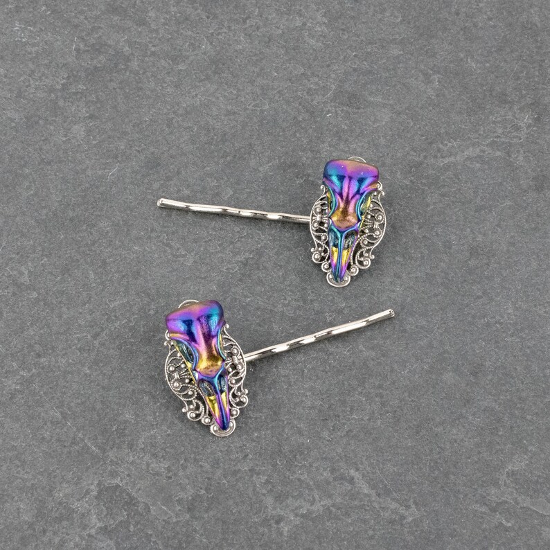 Rainbow Raven Skull Hair Pins Crow Head Bobby Pins Oil Slick | Etsy