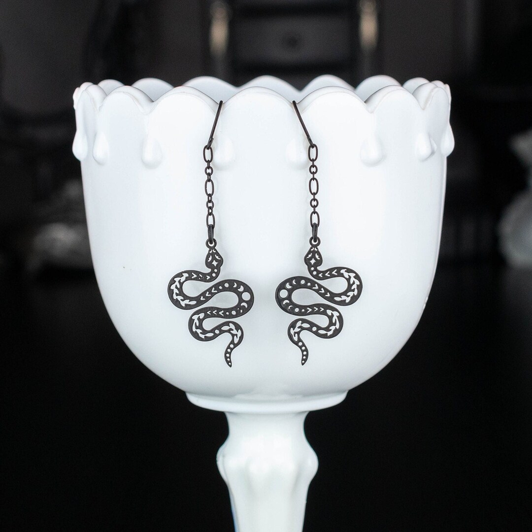 Black Snake Earrings, Celestial Serpent Jewelry, Chain Dangles, Gothic Jewelry for Women, Witchy ...