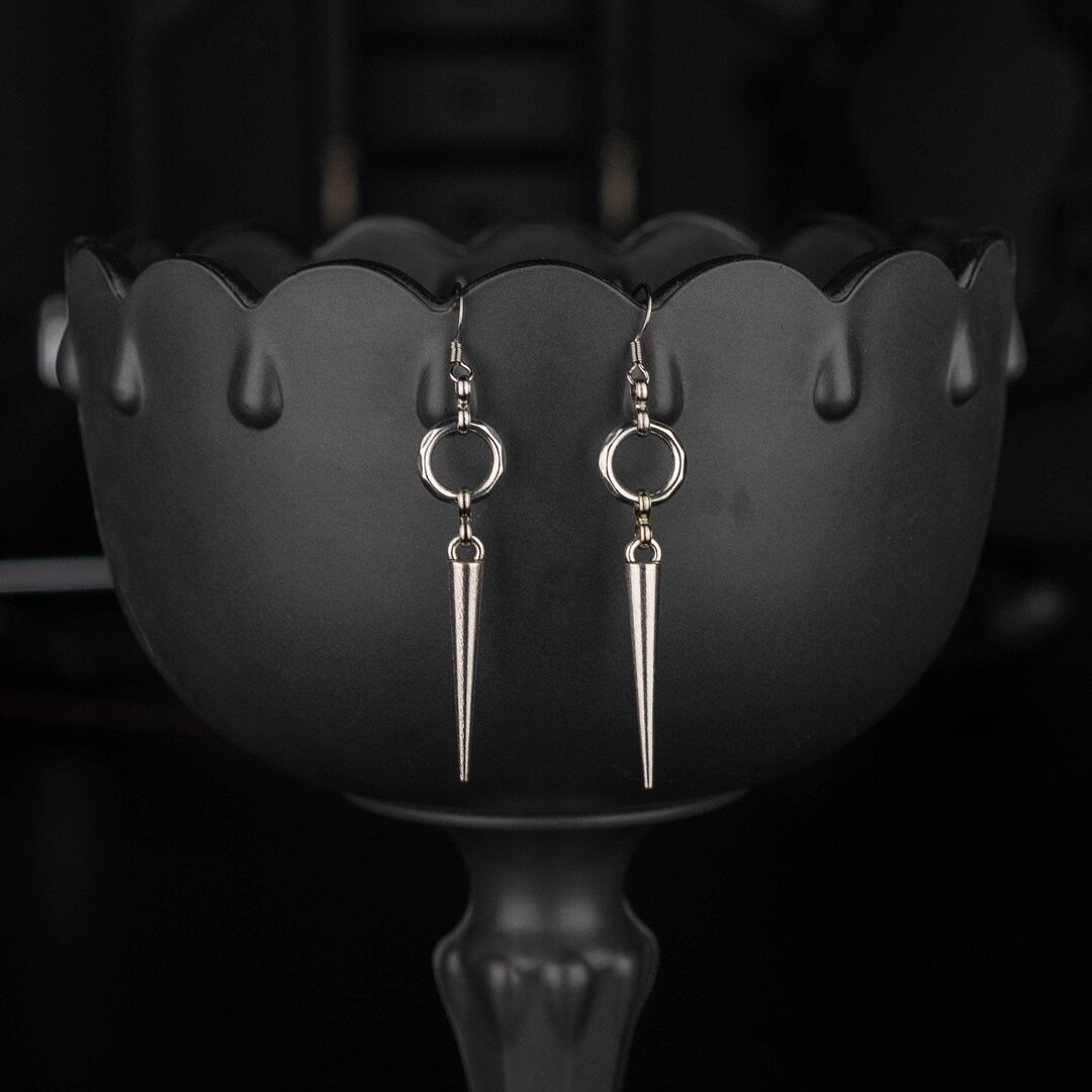 Open Circle & Spike Earrings, Long Silver Dangles, Simple Urban Jewelry ...