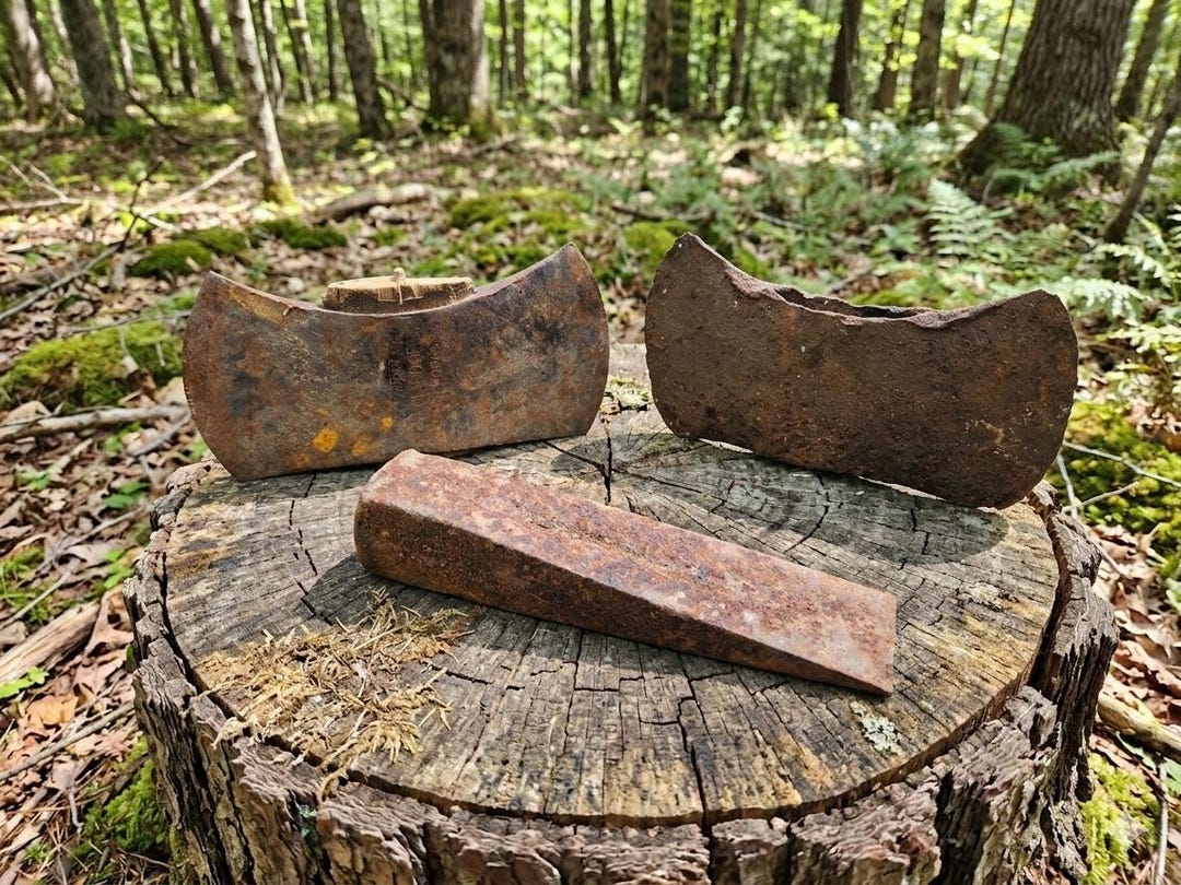 Axe Heads and Steel Tree Wedge, Rustic Logging Tools, Blacksmith Decor ...