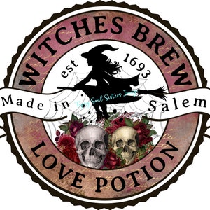 Witch's Brew Love Potion Skulls and Roses-made in Salem Round Label ...