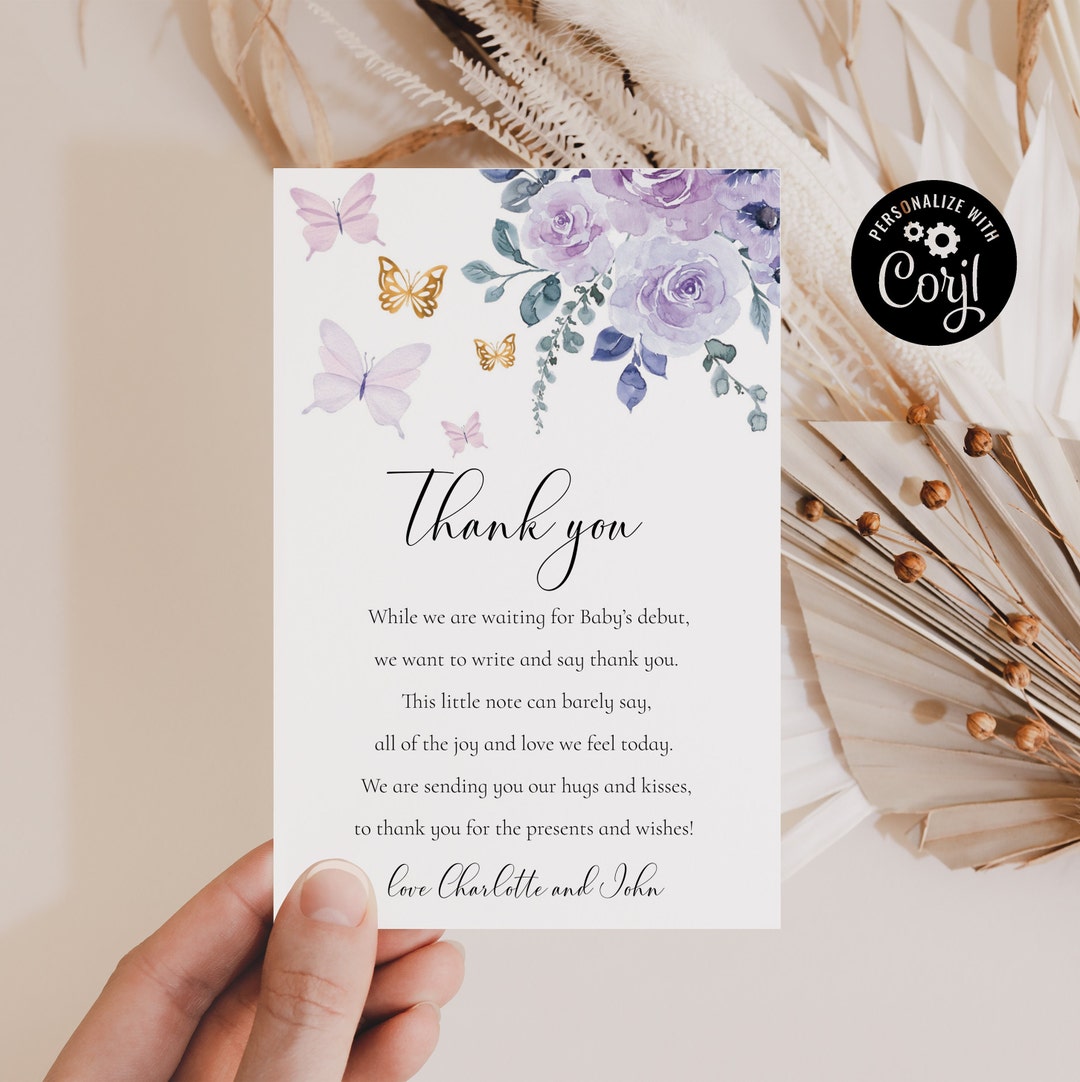 Editable Purple Butterfly Thank You Card, Butterfly Thank You Note ...