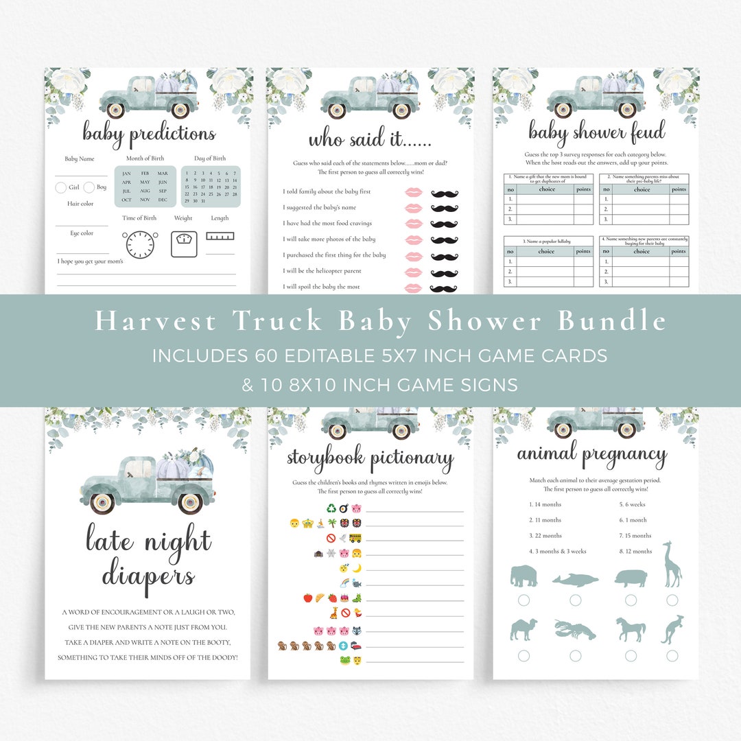 Editable Blue Pumpkin Truck Shower Games, Fall Pumpkin Baby Shower ...