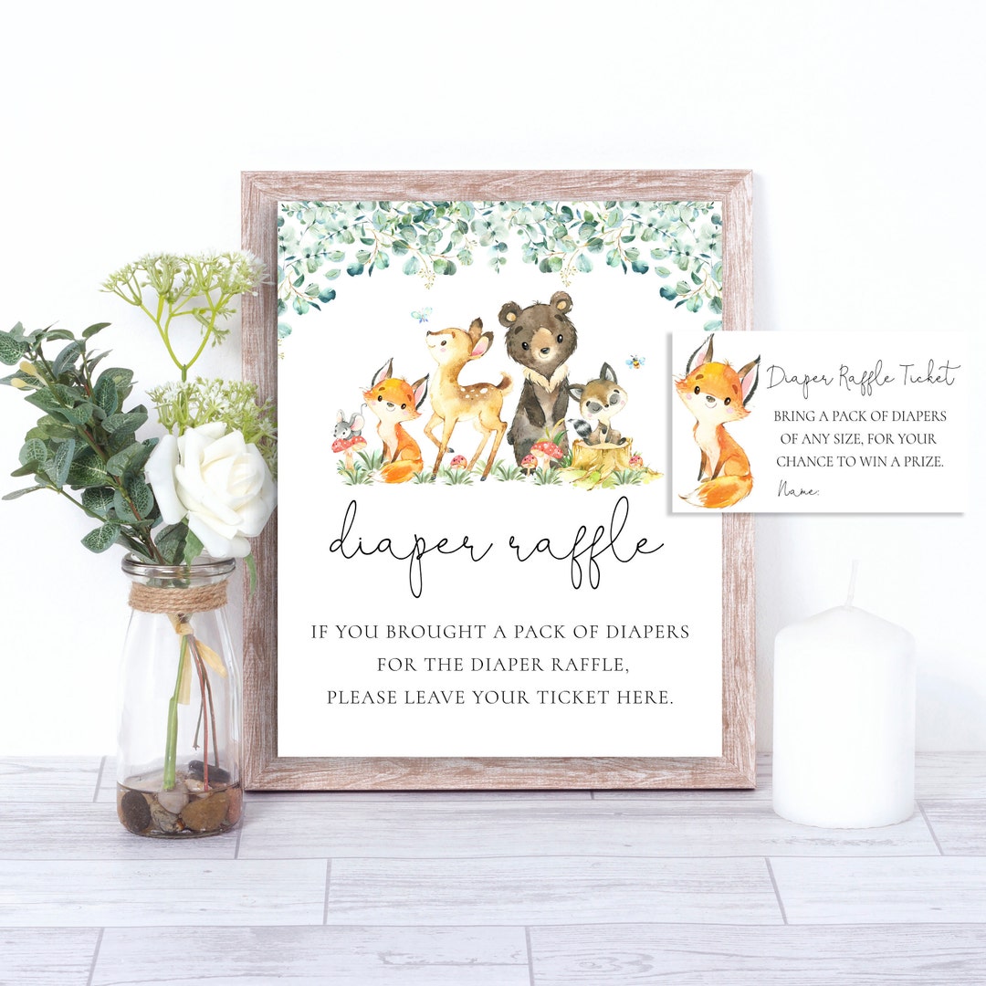 EDITABLE Woodland Diaper Raffle Sign, Diaper Raffle Ticket, Nappy ...