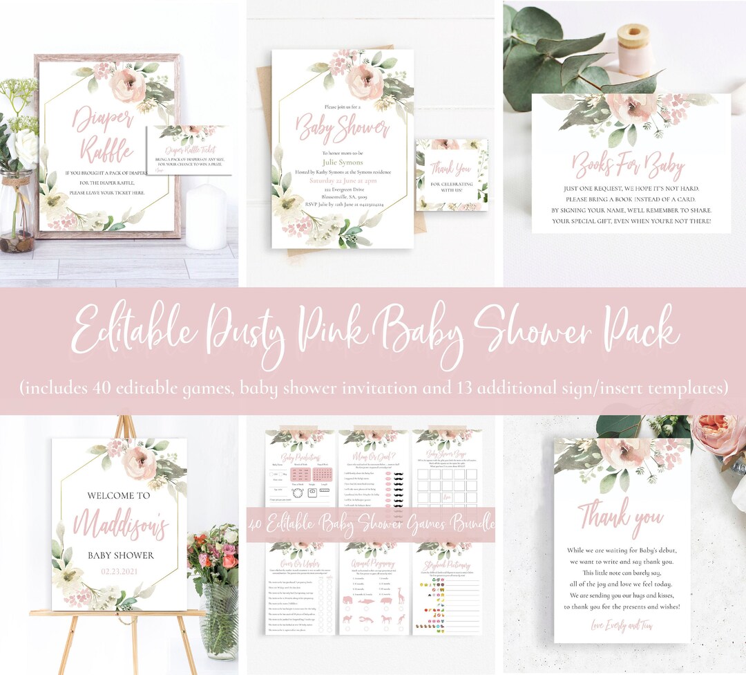 Editable Dusty Pink Baby Shower Bundle, Blush and Gold Shower Pack ...