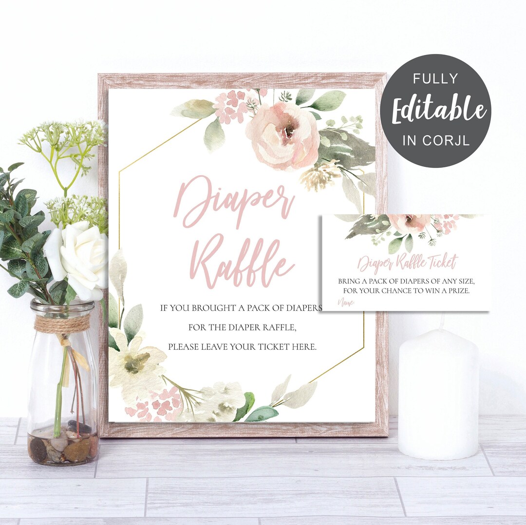 Editable Dusty Pink Diaper Raffle Ticket, Diaper Raffle Sign, Floral ...