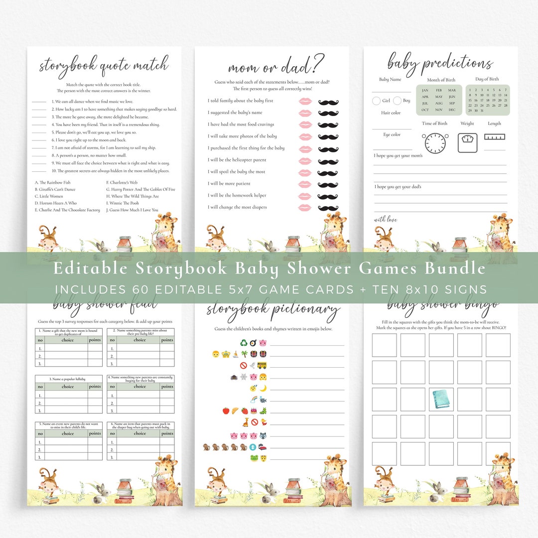 Editable Storybook Baby Shower Games, Book Themed Shower Games, Fairy ...